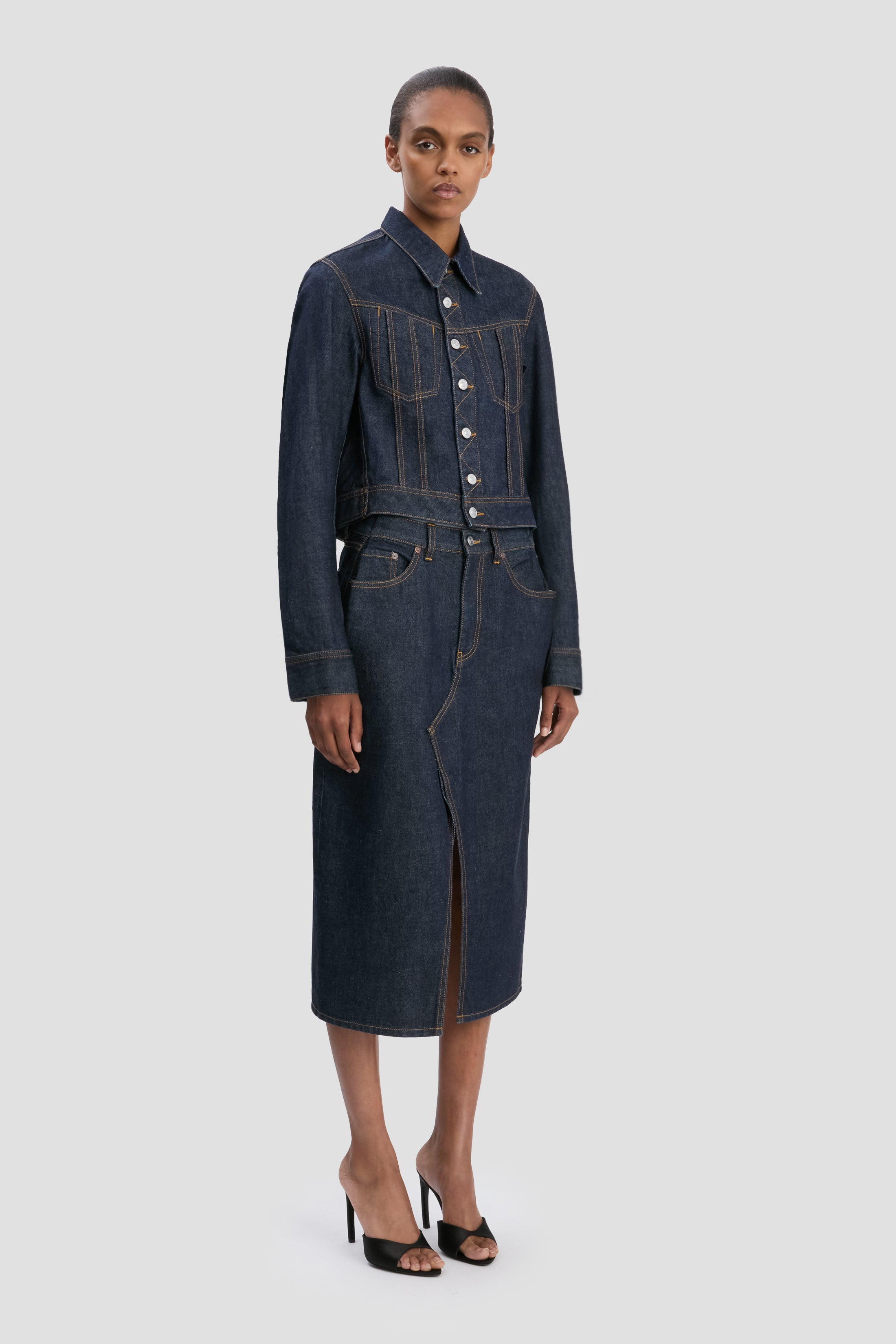 VICTORIA BECKHAM Victoria Beckham Cropped Denim Jacket with Extra-Long Sleeves